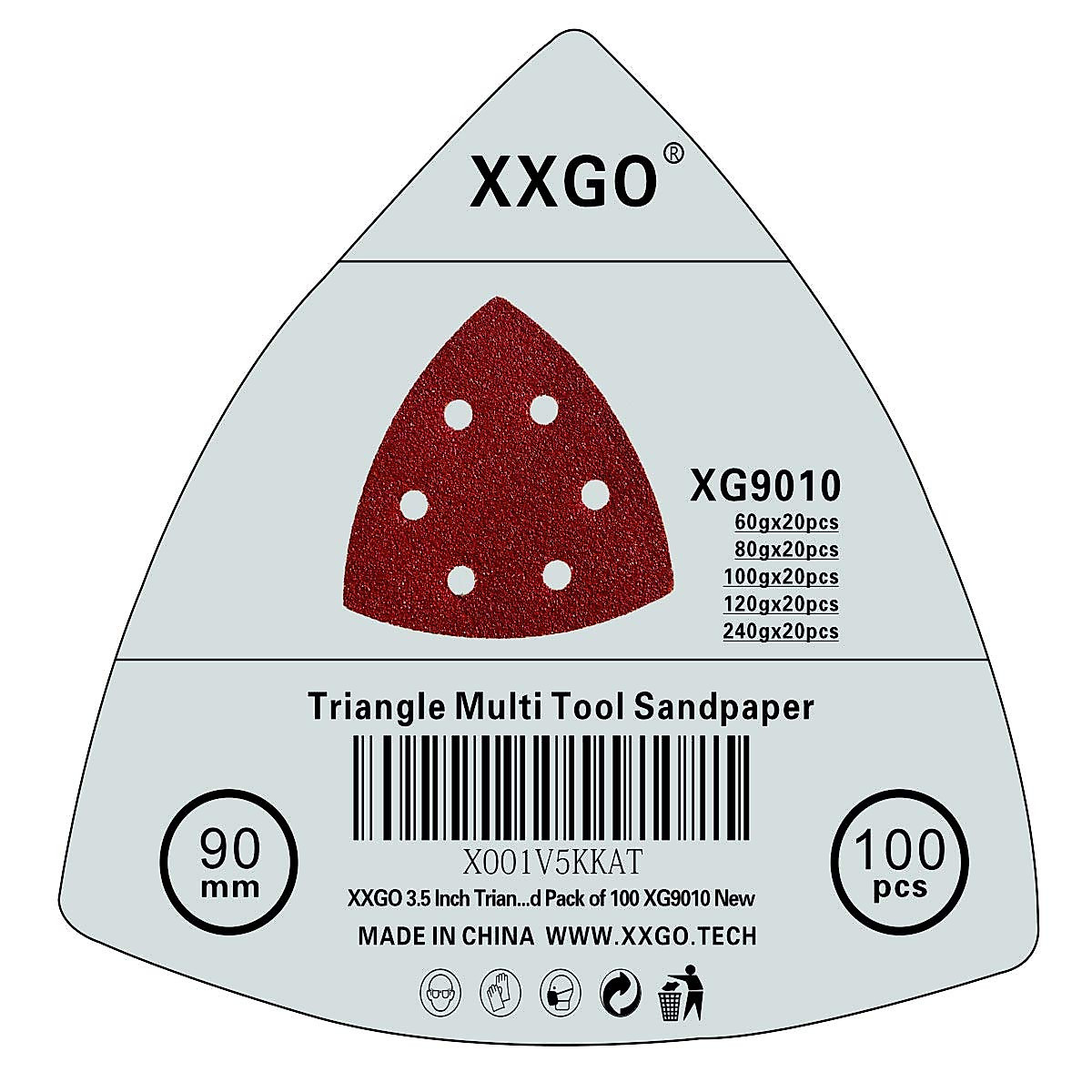 XXGO 3-1/2 Inch 90mm Triangular 60/80 /100/120 /240 Grits Hook & Loop Multitool Sandpaper Contains 20 of Each Fit 3.5 Inch Triangular Oscillating Multi Tool Sanding Pads Pack of 100 XG9010