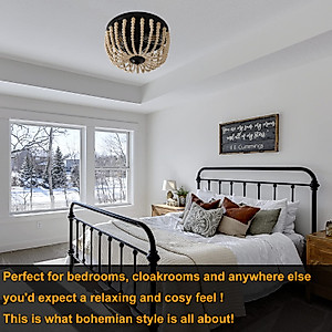 3-Light Boho Wood Bead Chandelier Ceiling Flush Mount Light Fixture,Solid Oak Natural Wood Color Chandelier for Hallway Small Room Baby's Nursery Bedroom Laundry Room Cloakroom