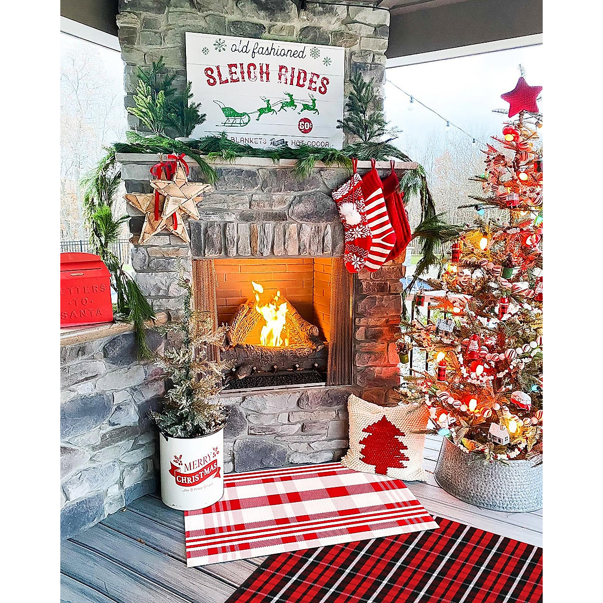 Fallovea Christmas Rugs Red and White Plaid, 4'x6' Area Rug Outdoor Indoor Front Porch Doormat Cotton Hand-Woven Layered Door Mats for Entryway Patio Entryway Laundry Bedroom Living Room