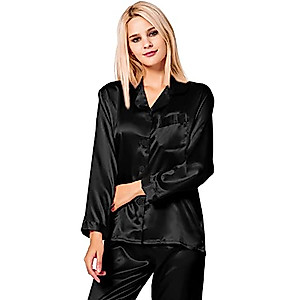 SWOMOG Women's Silk Satin Pajamas Set Long Sleeve Sleepwear Button-Down Pj Set 2 Pcs Nightwear Loungewear Black
