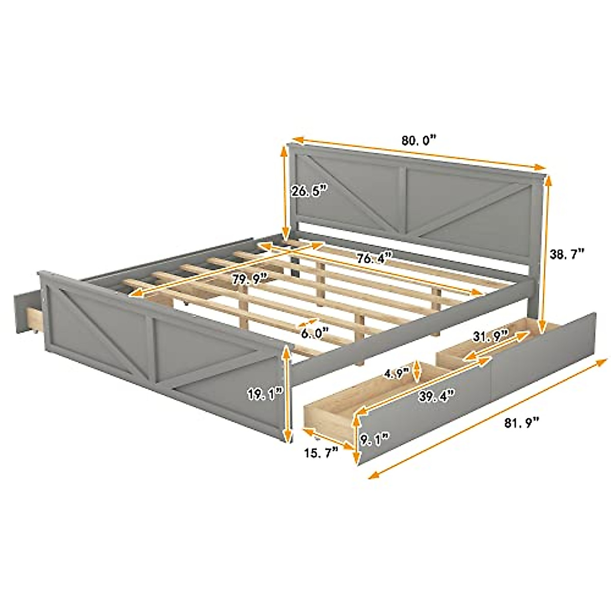 DEYOBED King Size Platform Bed, Wooden Platform Bed Frame with 4 Convenient Storage Drawers and Support Legs, Enhance Your Bedroom's Functionality, No Box Spring Needed, Gray
