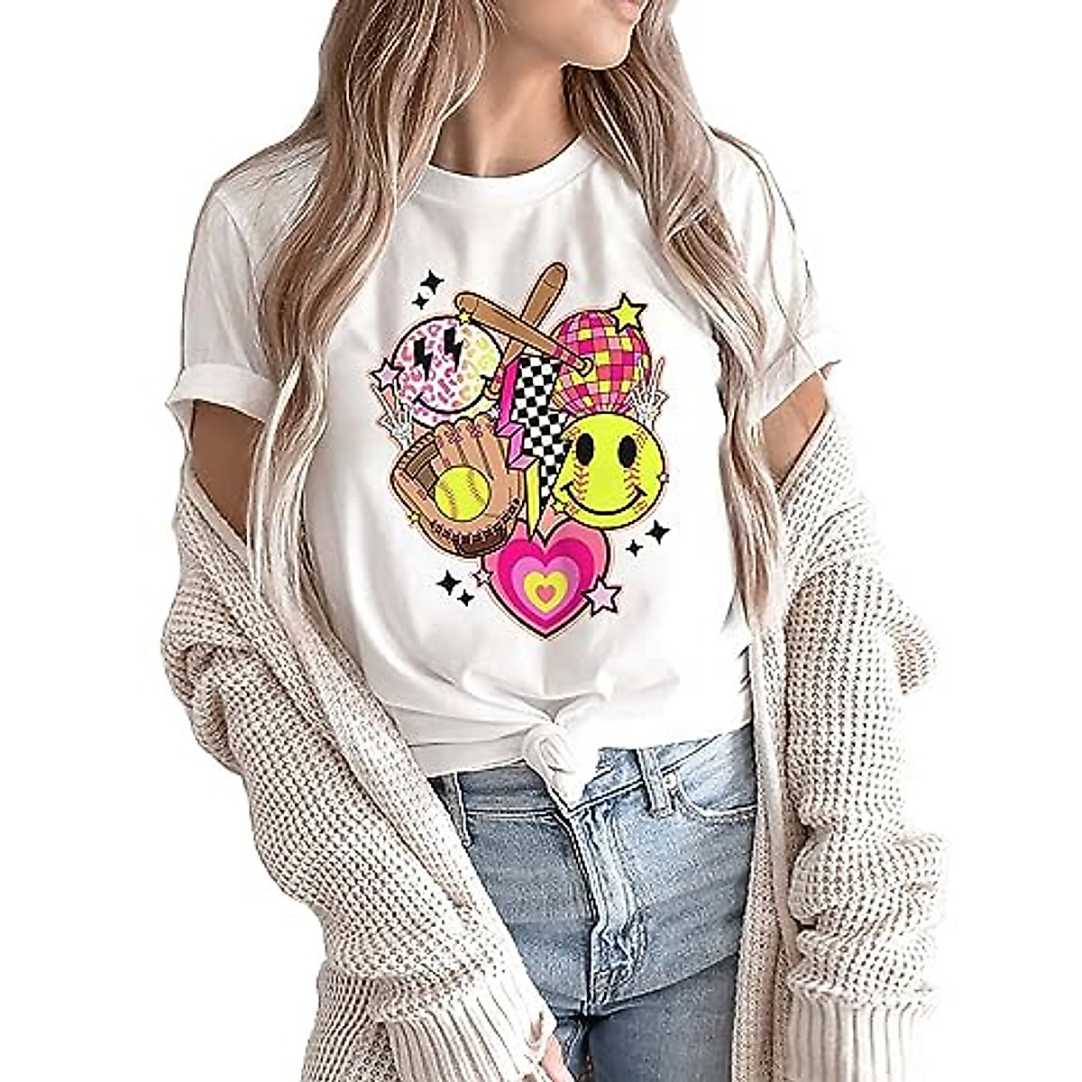 Funny Softball Shirt Game Day Shirts Softball Glove Bat Leopard Smiley Shirt Softball Vibes Shirt Retro Softball T-shirt, Sweatshirt, Tank Top, Long Sleeve, Hoodie Gifts For Family, Friends