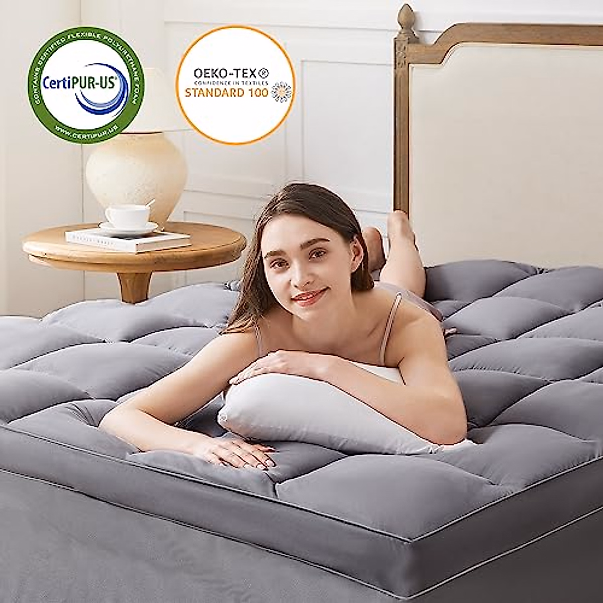 Homemate Memory Foam Mattress Topper Queen, Dual Layer 4 Inch Cooling Mattress Topper, 2 Inch Memory Foam Plus 2 Inch 1800TC Mattress Pad Comfort Support, Pillow Top with 8-21 Inch Deep Pocket, Grey