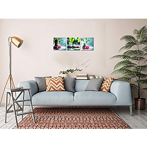 TutuBeer Zen Canvas Prints 3 Panel Spa Wall Decor Spa Stone Green Bamboo Pink Waterlily Zen Buddha Pictures Canvas Painting Print for Home Office and Kitchen Stretched and Framed Each Panel 12x12inch