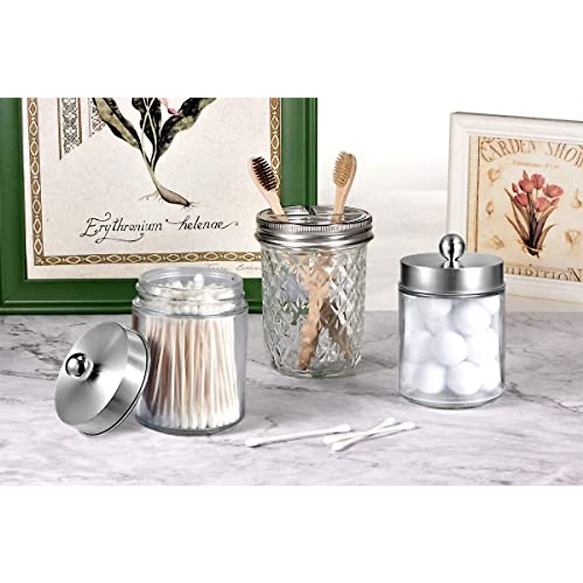 Apothecary Jars Bathroom Vanity Organizer -Countertop Canister Jar with Storage Lid - Qtip Dispenser Holder Glass for Qtips,Cotton Swabs,Makeup Sponges ,Hair Band - Brushed Nickel (1 Pack)