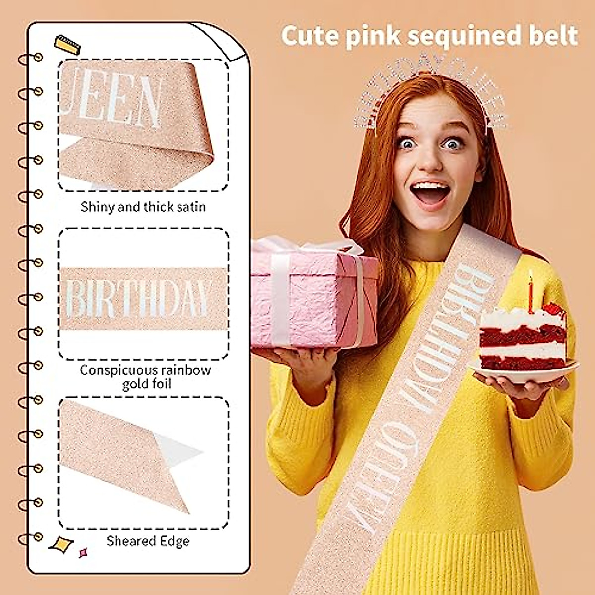 Rose-Gold Birthday Celebration Set with Queen Sash, Hair Bands, Rhinestone Headband, and Corsage for Women