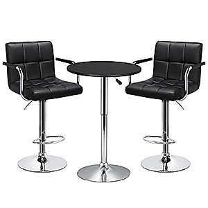 Yaheetech 3-Piece Bar Table Set, Round Bar Table and PU Leather Adjustable Swivel Chairs, Modern Counter Height Table Set with 2 Bar Stool for Kitchen, Black