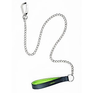 Mighty Paw Chain Dog Leash - Anti Bite Pet Lead - Stainless Steel Links - Reflective Padded Handle - Carabiner Clip - Chew Proof for Strong Dogs - 4’ Dog Walking Chain Leash - Leash Metal (Grey/Green)