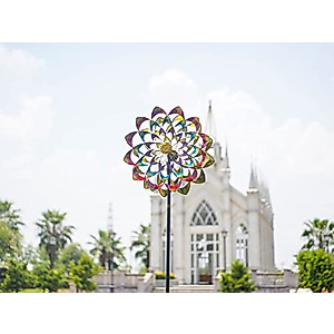 hourflik Rainbow Series Outdoor Garden Yard Art Decor Flower Windmill Pinwheel Wind Spinner with Ground Stake and Hanging Hook, Multi