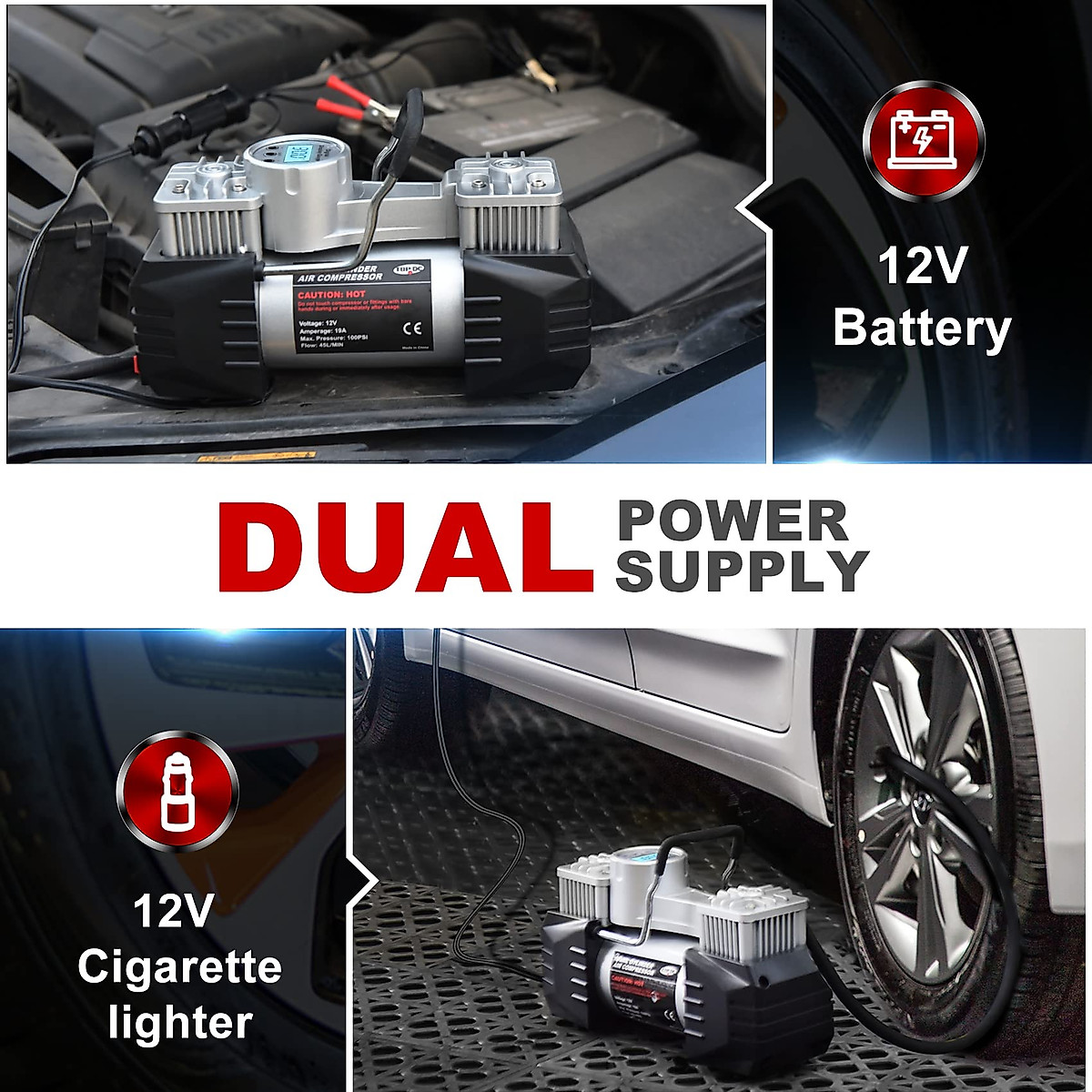 TOPDC Air Compressor Tire Inflator Portable Dual Cylinder Air Pump for Car Tires, Car Accessories, 12V DC Auto Tire Pump with Digital Pressure Gauge, 100PSI with LED Light for SUV, Truck, Car, Bicycle
