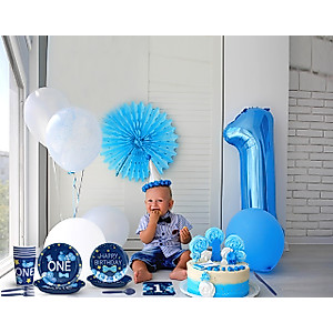 168 PCS Baby Boy 1st Birthday Baby Shower Favors Tableware Set, ONE Blue Set Serves 24 Guests Complete Set Plates & Silverware | Eco-Friendly Disposable Premium Thick Paper for Baby Shower Decorations