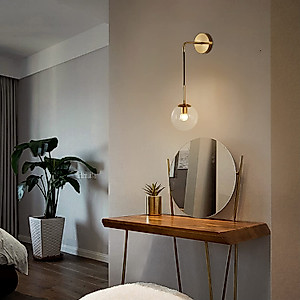 BOKT Mid Century Modern Globe Wall Sconce Lighting Brushed Brass Gold Bathroom Wall Light Clear Bubble Glass Ball Wall Light Fixture Lamp Bedroom Bedside Wall Light (Gold+Clear)