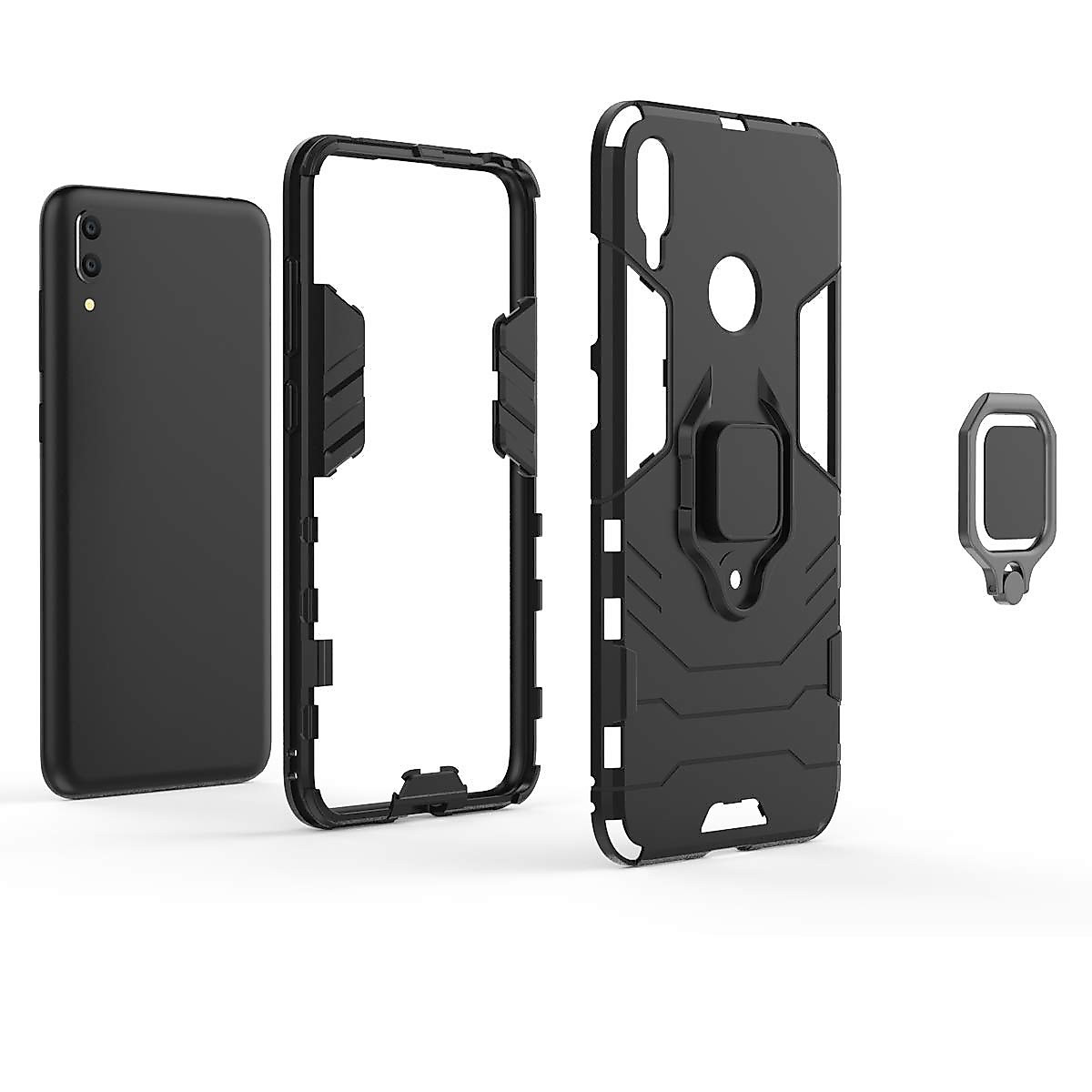 for Huawei Y7 2019 Case,Hybrid Heavy Duty Shockproof Armor Dual Layer Protection Defender Back Case Cover for Huawei Y7 2019 Tempered Glass Screen Protector (Black) (Black)
