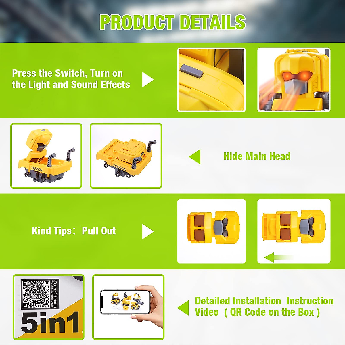 Powerextra STEM Toys for 5 6 7 8 9 Years Old Boys, Take Apart Robot Toys Trucks Set with [Robot Sounds & Flashing Lights]- 5 in 1 Construction Toys for Kids at Age 8-12