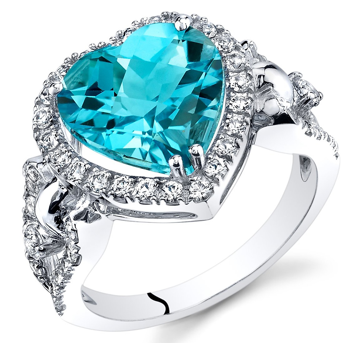PEORA Swiss Blue Topaz and White Topaz Signature Sweetheart Ring for Women 14K White Gold, Genuine Gemstone Birthstone, 4 Carat Heart Shape 10mm, Size 9