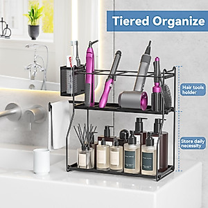 CLESOO 2-in-1 Bathroom Countertop Organizer - Multifunctional Countertop Shelf with Basket and Toilet Paper Holder - Bathroom and Kitchen Organizer for Hair Dryer, Cosmetics and Toiletries
