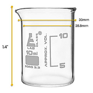 EISCO 12PK Beakers, 10ml - ASTM - Low Form with Spout - White Graduations - Borosilicate 3.3 Glass