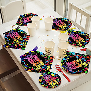 Kepeel 96 Pcs Neon Party Plates, Glow Birthday Party Supplies Disposable Paper Plates Dessert Napkins Glow in the Dark Favors Decorations Graffiti Tableware For Kids, Serves 24