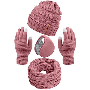 Aneco Winter Warm Sets Knitted Scarf Beanie Hat Touch Screen Gloves and Winter Ear Warmer for Men or Women