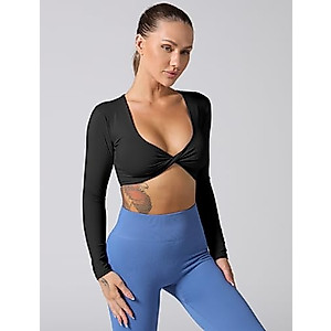 ABOCIW Workout Tops for Women Long Sleeve Sexy Twist Front Deep V Neck Athletic Athletic Crop Tops Padded Bra Basic Workout Shirts Fitness Yoga Gym Cropped Tank Tops Black Medium
