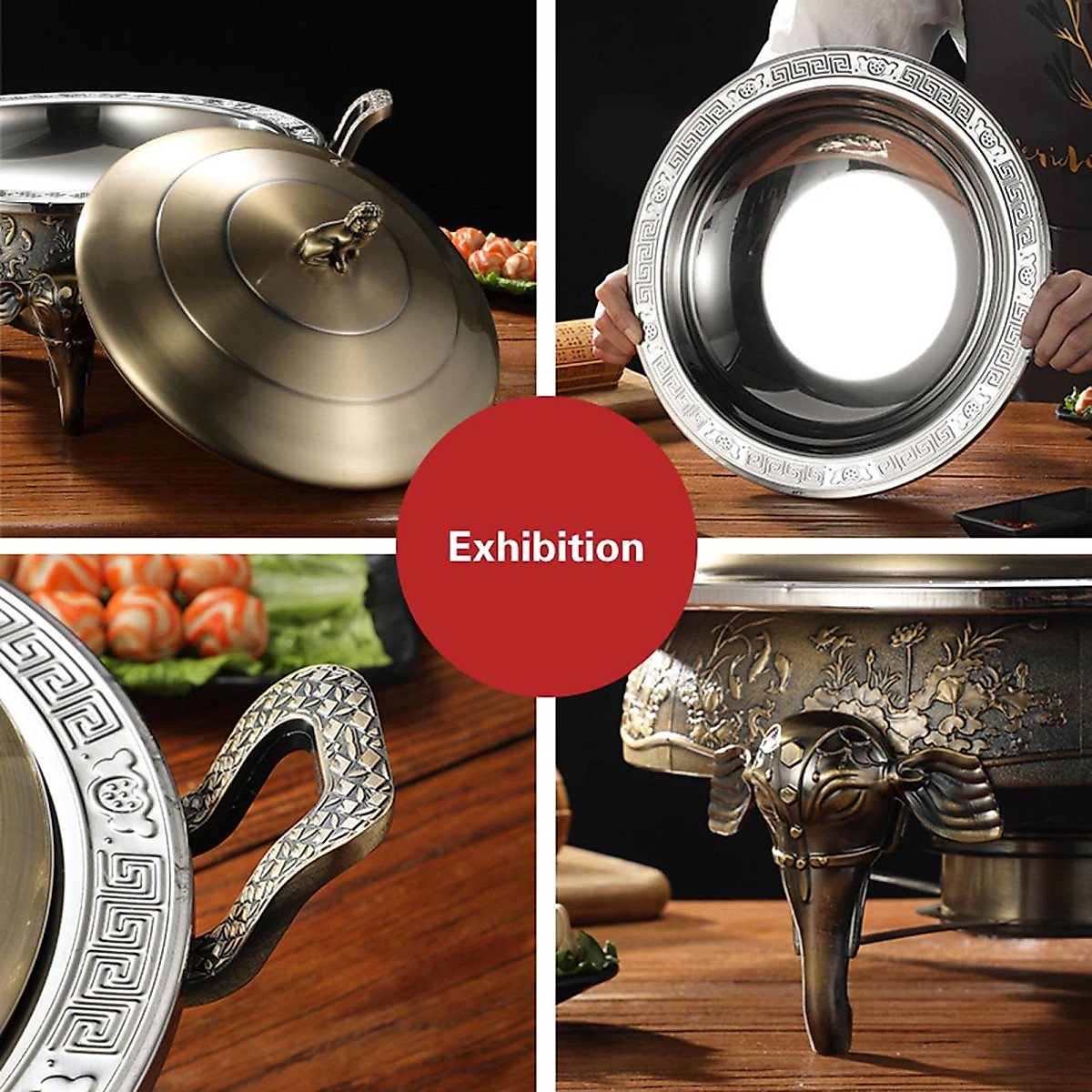 YIEOTM Chafing Dishes & Food Warmers, Stainless Steel Round Buffet Chafer Warmers Set with Food Pans, Fuel Holder, Pot Lid for Kitchen Party Dining Buffet/Copper