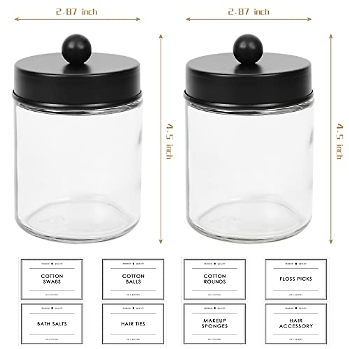 KUSVADO 2-Pack Bathroom Apothecary Storage Jars, Vanity Countertop Canister, Glass Jars Q-tip Holder, Cotton Swab Container, Bathroom Storage Container with 8 Pcs Waterproof Labels (9 Oz, Clear)
