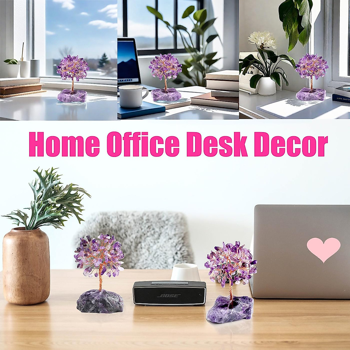 QINJIEJIE Amethyst Crystal Tree Crystals Healing Stones Reiki Natural Crystals Base Copper Wire Tree Life Spiritual Meditation Energy Room Office Desk Decor Purple Gifts for Women Men