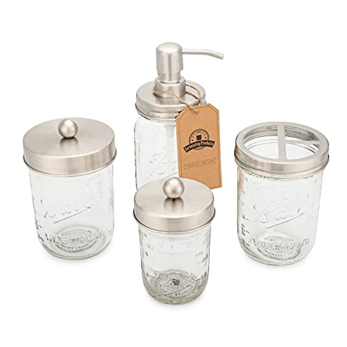 Jarmazing Products Ball Mason Jar Bathroom Gift Set (4 pcs) - Lotion/Soap Dispenser, Toothbrush Holder, Q-Tip Storage Jars - Farmhouse Home Decor for Vanity Organization - Stainless Steel