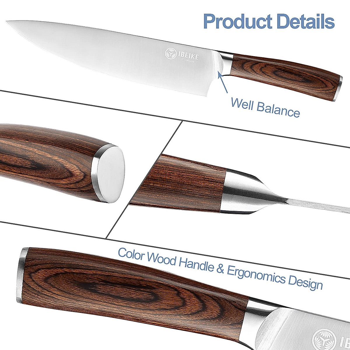 IBEIKE 7-Piece Kitchen Knife Set, Professional Japanese Kitchen Knives, High Carbon Stainless Steel Sharp Blades with Well Balanced and Ergonomic Wood Handle for Chef Knife Set