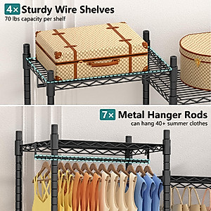EasyCom Garment Rack, Heavy Duty Clothes Rack with 7 Shelves and 4 Hanger Rods, Closet Organizer System, Closet Clothes Rack, Free Standing Closet, 17.7" D x 70.5" W x 76.8" H, Max Load 900LBS, Black