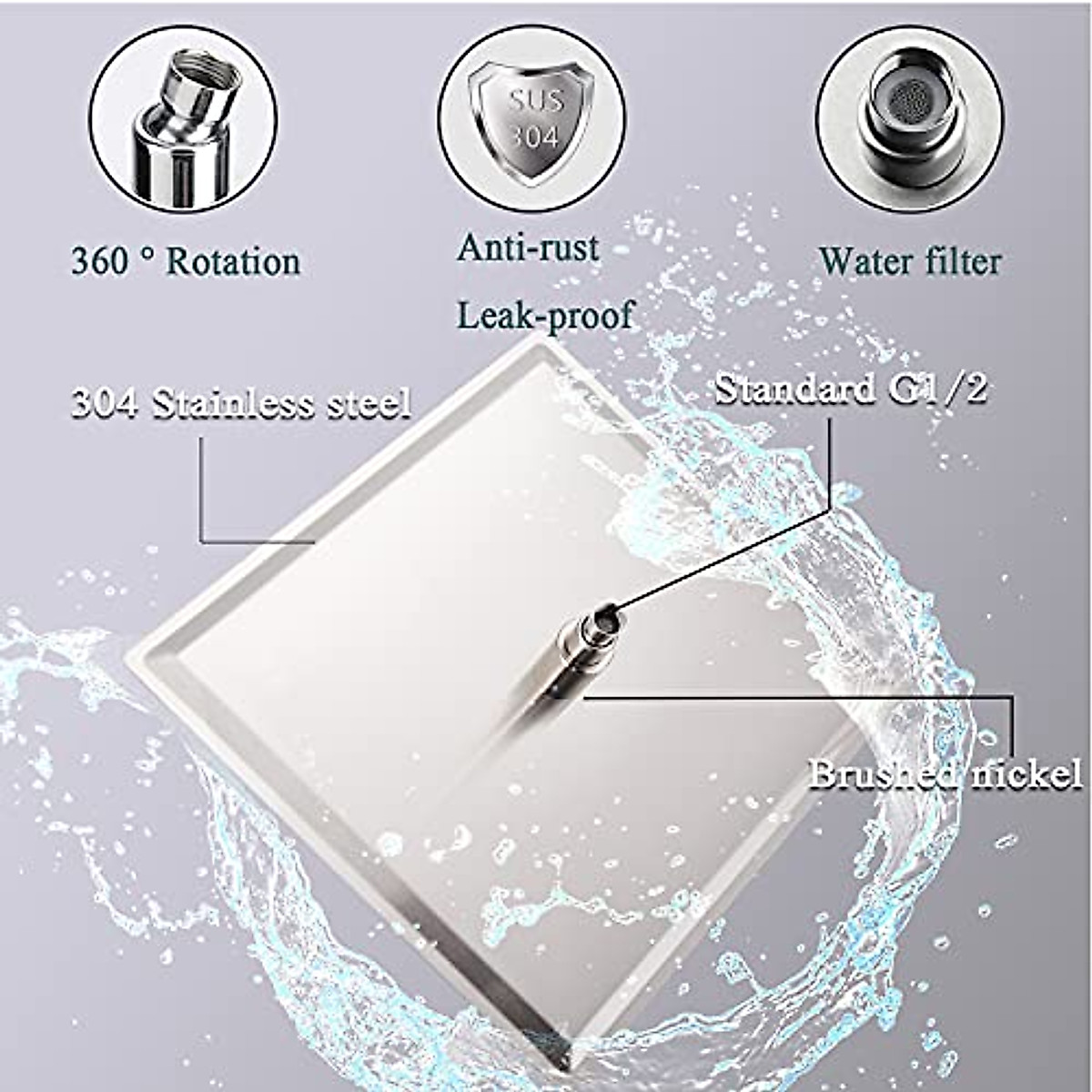 Suguword 12 Inch LED Rain Shower Head Brushed Nickel Bathroom Square Top Sprayer, Large Stainless Steel Shower Head Ultra Thin Rainfall Bath Shower with Silicone Nozzle