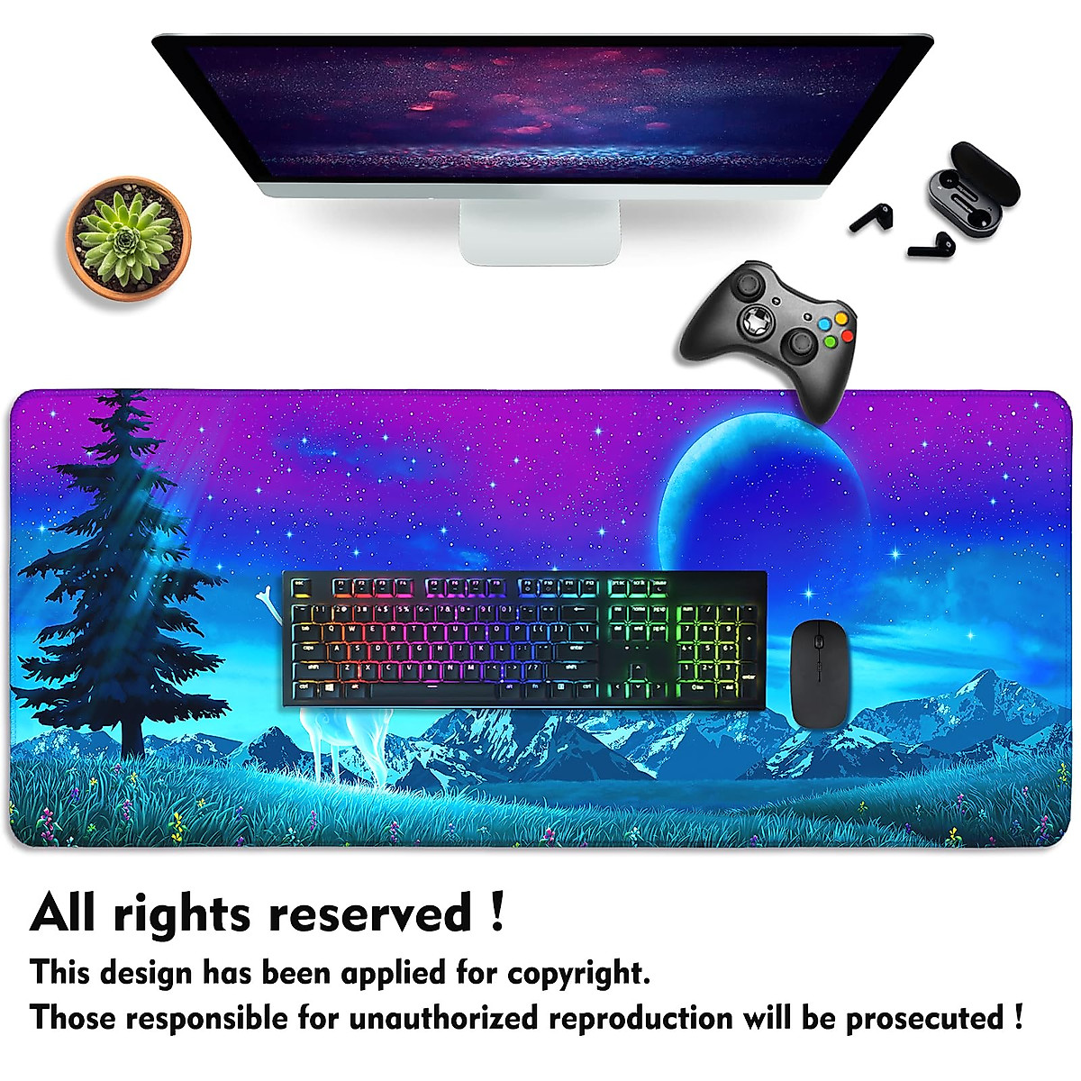 UJoowalk Gaming Mouse Pad, Large Mouse Pad, Keyboard and Mouse Pad, XL Mousepad, 31.5 x 11.8¡¯¡¯, Non-Slip Base Stitched Edge for Home Office Gaming Work, Galaxy Print Forest Moon Deer