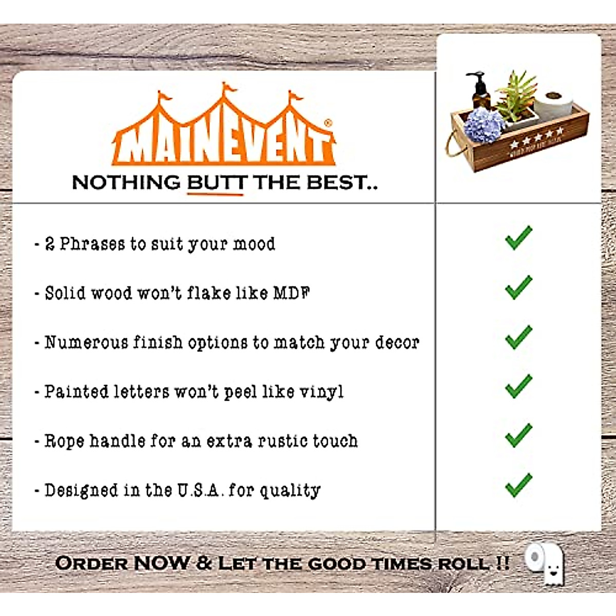 MAINEVENT Five Stars Rustic Decor Box, One Box with Funny Saying Design on 2 Sides, Funny Toilet Paper Holder for Farmhouse Bathroom Decor, Toilet Tank Basket, Toilet Organizer, Diaper Organizer,