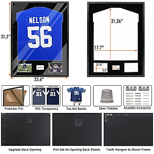 Snail 32"x24" Jersey Frame Display Case Wooden Wall Mounted Shadow Box for Baseball Basketball Football Soccer Hockey Sport Shirt, Plus Displaying Two Idol's Photos and One Signature, Black Finish