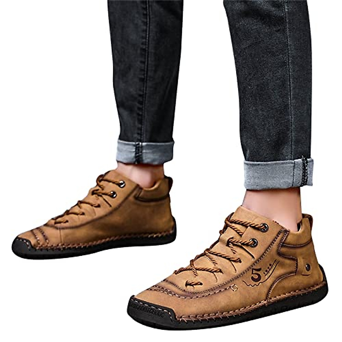 Fashion Summer and Autumn Men Leather Shoes Flat Soft Bottom Comfortable Mid Top Lace Up Casual Boot Leather Men (Brown, 9)