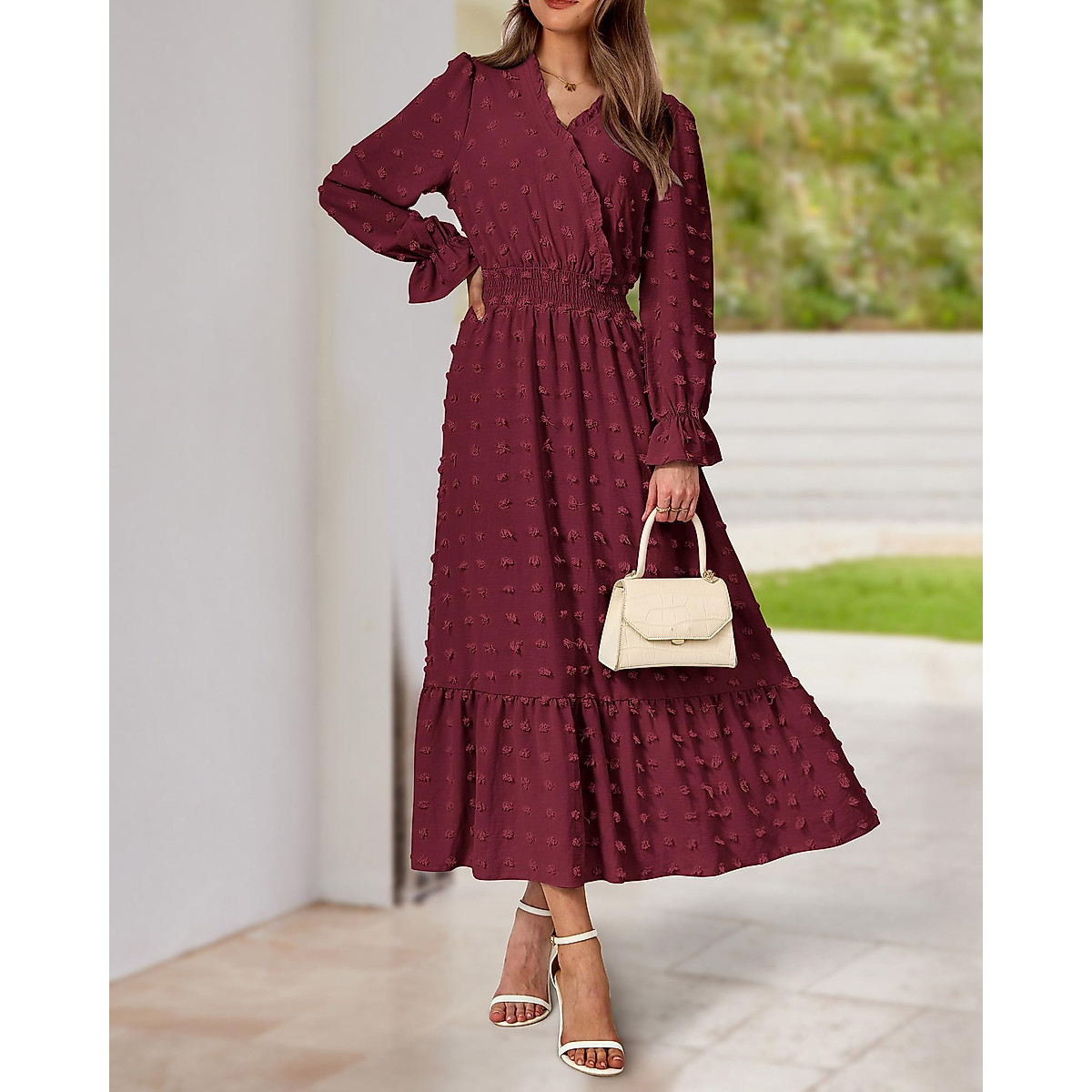 BTFBM Women Spring Dresses 2025 Long Sleeve V Neck Swiss Dots Maxi Dress Boho Long Dress High Waisted A-Line Ruffle Dress(Solid Wine Red,Medium)
