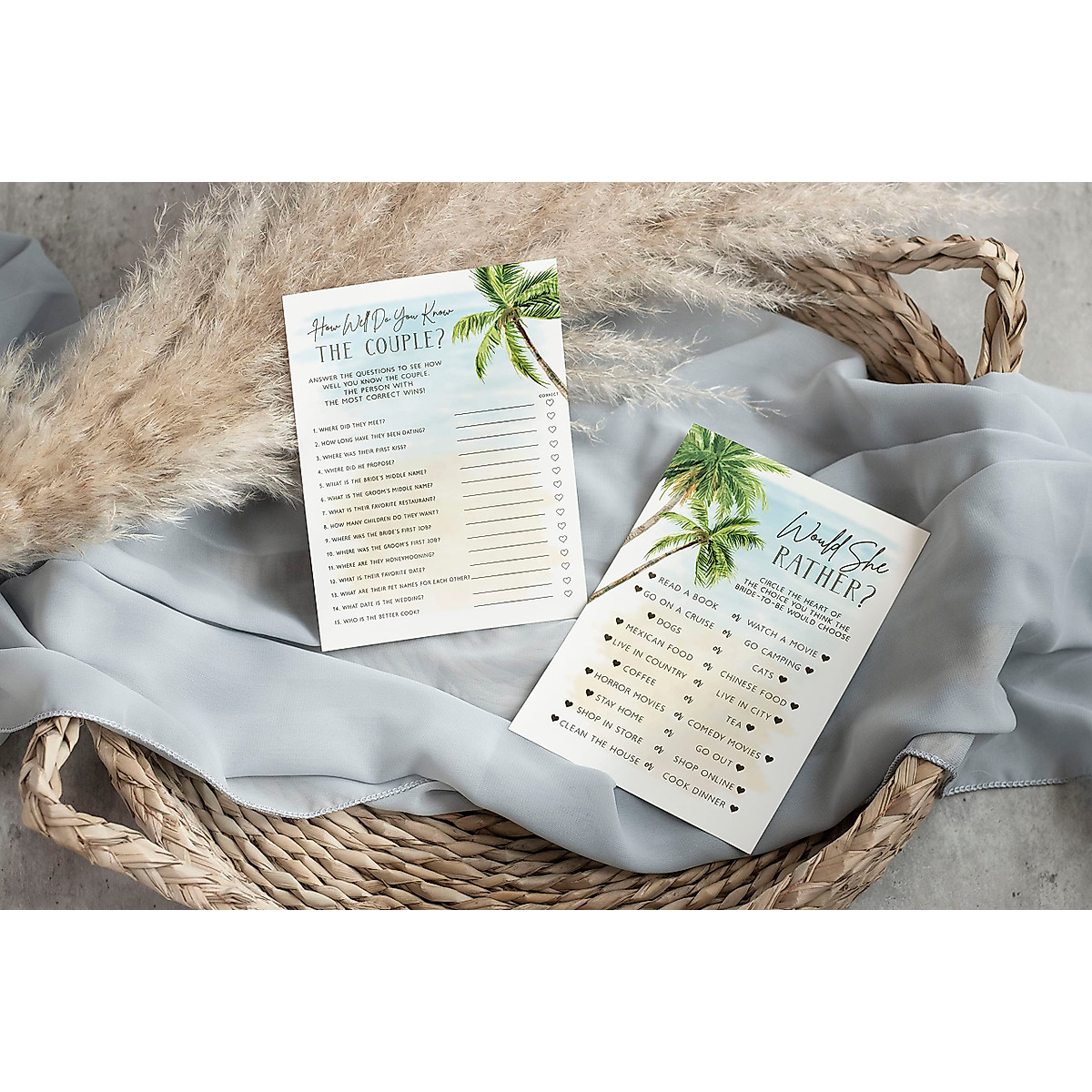Your Main Event Prints Palm Tree Beach, Wedding Bridal Shower Games Guest Quest, He Said She Said, Would She Rather, How Well Do You Know(Set of 4 Fun Activities for 25 Guests)