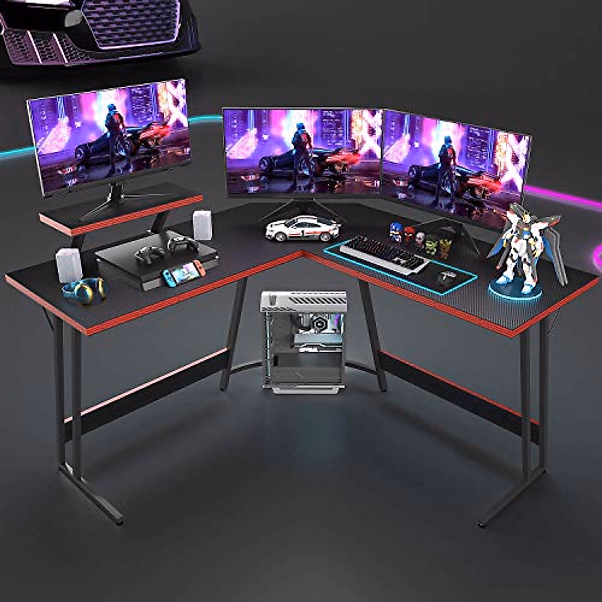 Devoko L Shaped Gaming Desk 51 Inch Computer Corner Table Home Office Desk Gamer Table with Large Monitor Riser Stand Carbon Fibre Surface (Black)