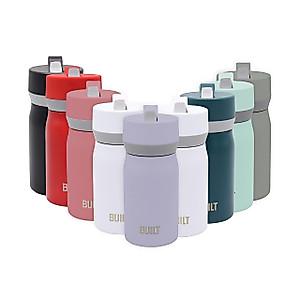 BUILT Cascade Double Wall Vacuum Insulated Stainless Steel Wide Mouth Water Bottle with Comfort Grip and Straw Lid and Carry Handle, 12 Ounces