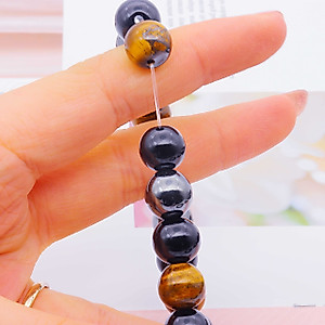 CJIAYUJEW 10mm Mens Beaded Bracelets, Initial Letter Triple Protection Bracelets for Women, Natural Tiger Eye Black Obsidian Hematite Beads Elastic Bracelets (C)