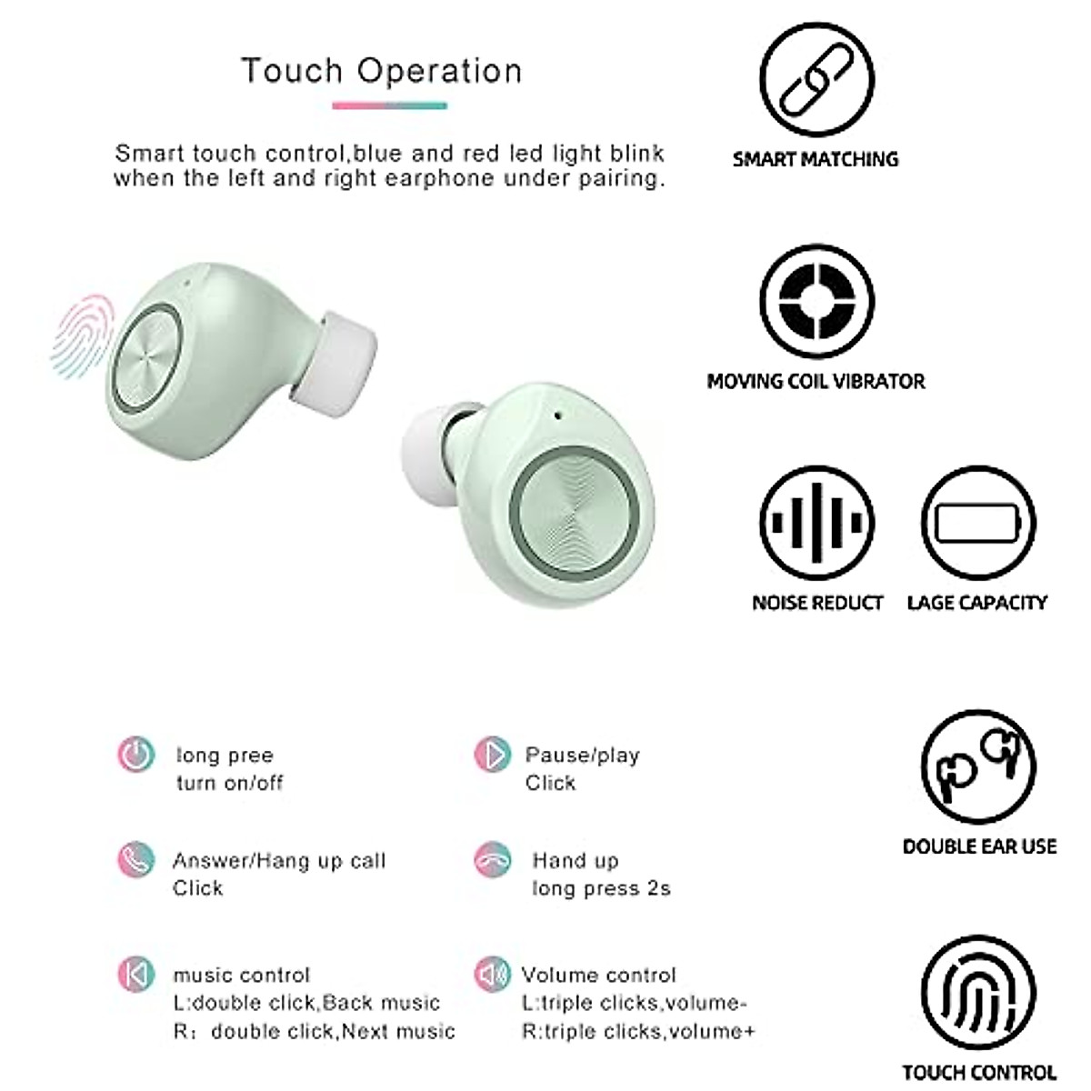 Foyumese Earphone Blue Tooth Wireless Earbud Bluetooth Headphone for iPhone Android with Microphone, Smart Matching Noise Canceling Touch Control Portable Sport Wireless Earphone Bluetooth (Black)
