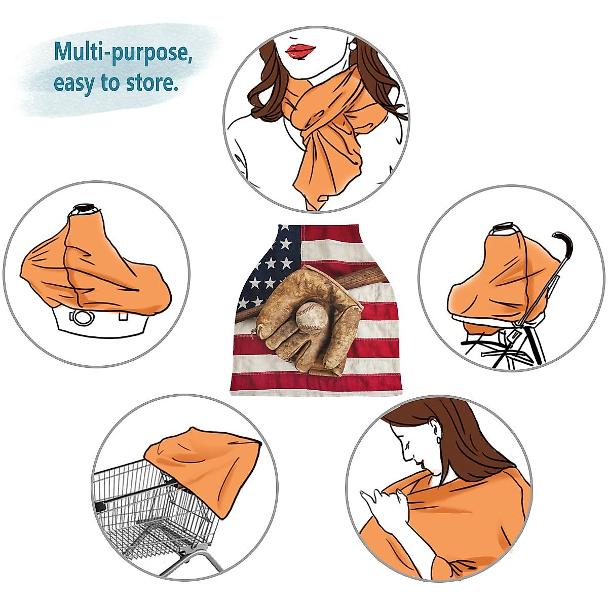 Carseat Canopy Babies Breastfeeding Cover - Vintage Baseball American Flag Nursing Cover Blanket Breathable Baby Boy Stroller Cover Baby Shower Gifts for Girl&Boy