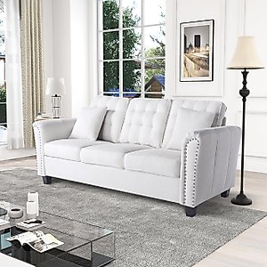 LCH Chesterfield, 86.6” Flare Sofa, Tufted 3 Seater Furniture, Velvet Couch with Scroll Arms and Nailhead for Living Room, Bedroom, Office, Apartment (Beige)