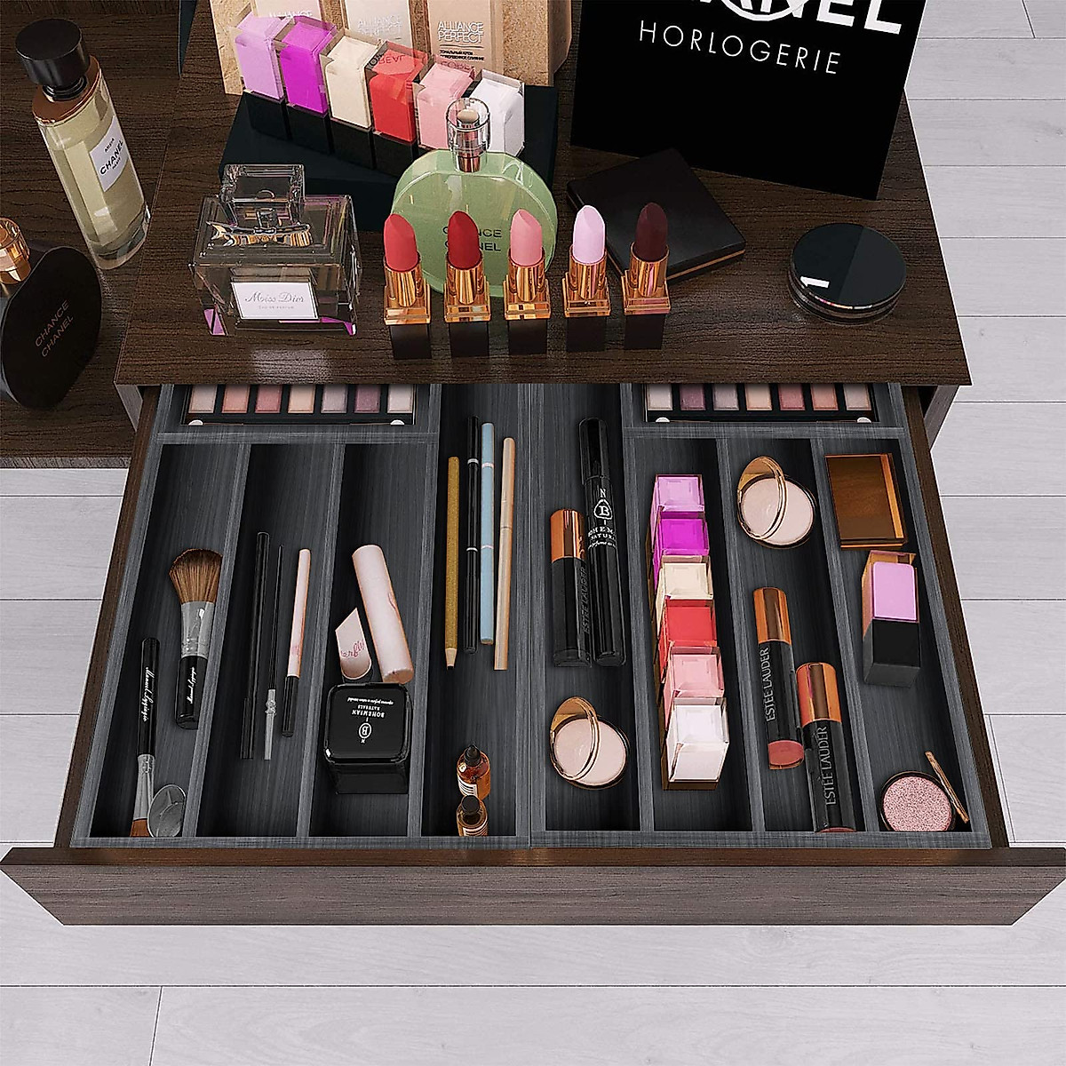 Ayiaren Kitchen Wood Utensil Tray Drawer Organizer, Wooden Cutlery Tray Silverware Drawer Divider 14.6"x9.5" Flatware Organizer Black Bamboo Silverware Tray Cutlery Utensil Holder for Drawer Tray