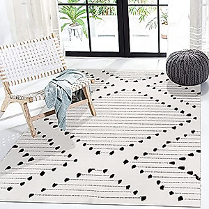 Boho Cotton Area Rug 4’ x 6’, Large Hand Woven Washable Indoor Accent Rugs, Moroccan Geometric Throw Floor Carpet for Living Room Bedroom Dining Room Home Decor,Off White