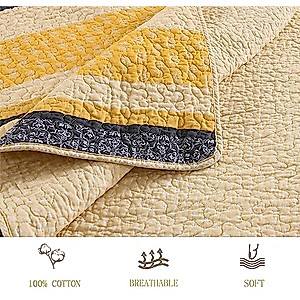 YUMIYUSHI Quilts Queen Size Sets， 100% Cotton Yellow Queen Quilt Set, Farmhouse Lightweight Queen Quilt Bedding Set,Yellow Black 3 Pieces Bed Quilt Sets in All Seasons