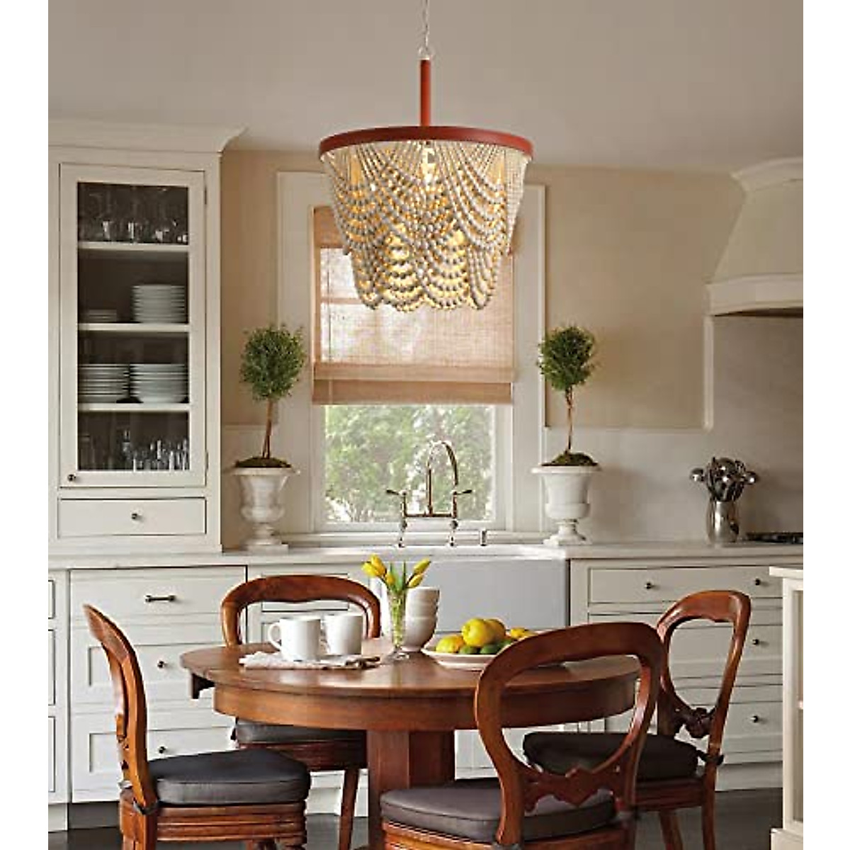 Q&S Boho Wood Beaded Chandelier,Large 5-Lights Farmhouse Coastal Bohemia Chandeliers for Dining Room Living Room Foyer Kitchen Island Restaurant UL Listed Assembly Complete W20