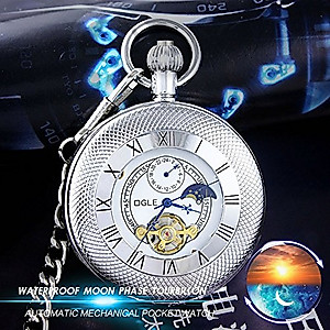 OGLE Waterproof Classics Roman Tourbillon Phases Moon Chain Fob Skeleton Automatic Mechanical Pocket Watch (Silver Case&White)