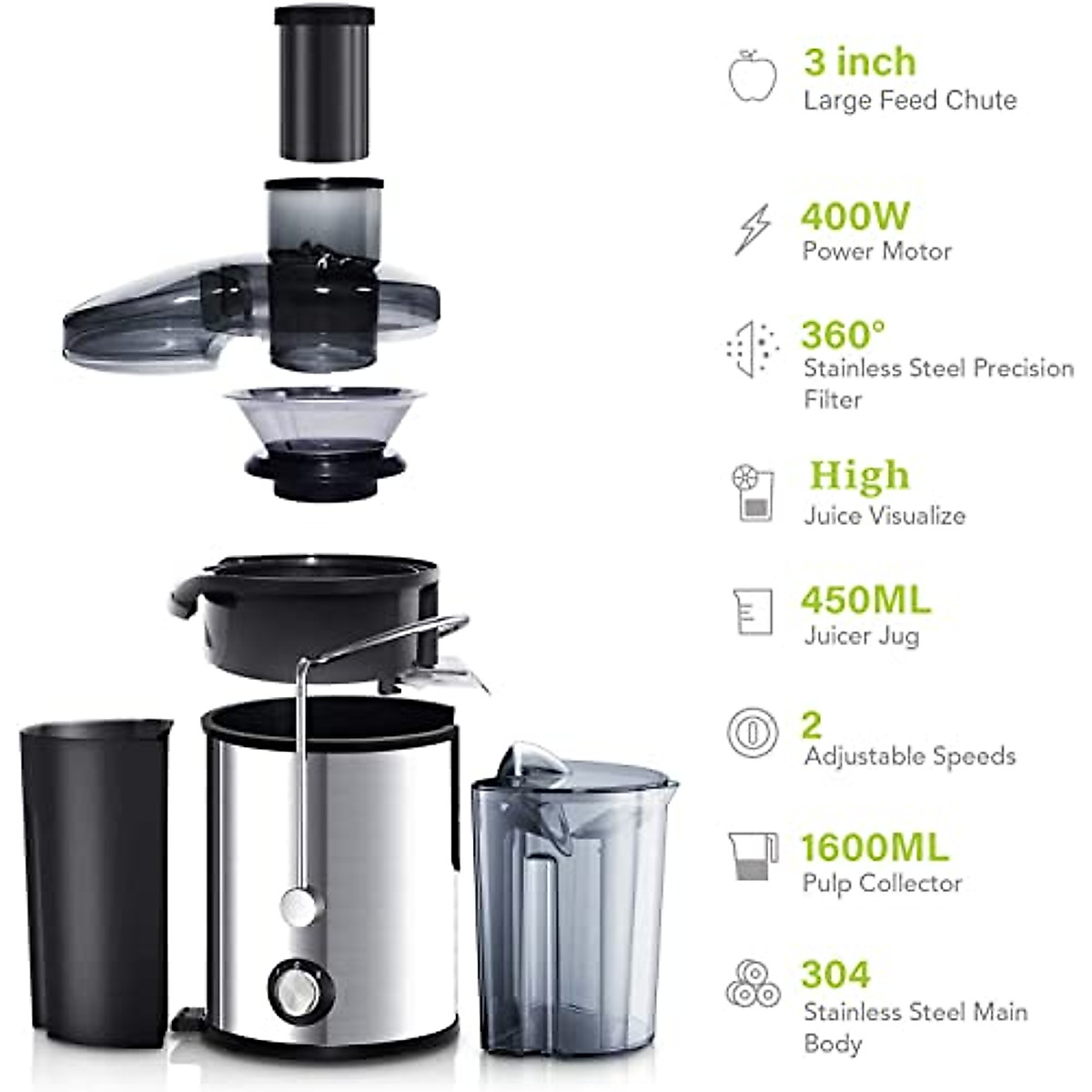 Juicer Machines,Juicer,Large 3 Inch Feed Chute Juicer for Whole Fruits and Vegetables,Faster Juicer with Dual Speed,Juice Residue Separation,Easy to Use/Clean,Anti-Drip