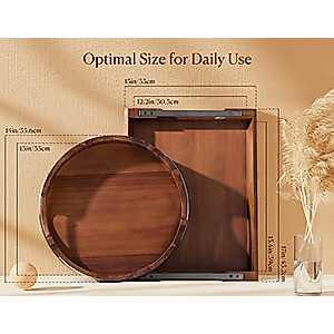 Dofira Acacia Wood Serving Tray with Metal Handles, 14" Round Food Drinks Tray for Coffee Table, Breakfast, Dinner & Bar, Rustic Decorative Storage Tray for Ottoman, Kitchen, Bedroom (Gift Packaging)
